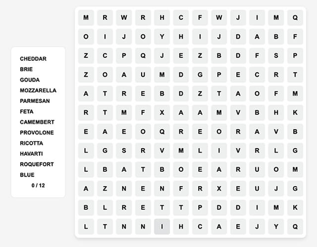Types of Cheese - Word Search Monkey
